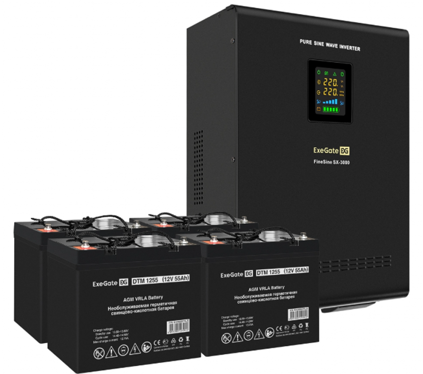 Комплект ИБП EX296003RUS + батарея 55Aч EX285667RUS 4шт (инвертор, синус, для котла, настенный) ExeGate FineSine SX-3000. LCD. AVR.2SH. T <3000VA/2100W, чистая синусоида, цветной LCD-дисплей, AVR, 2*Schuko+клеммы, линейно-интерактивный, крепление настен