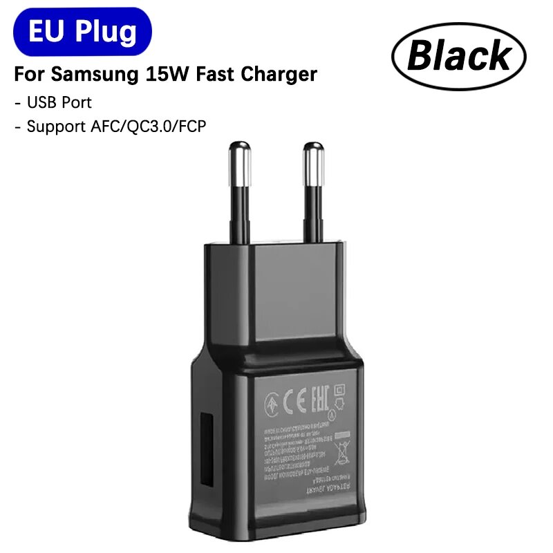 Быстрое зарядное устройство Samsung 15 Вт, адаптер питания для быстрой зарядки, кабель USB типа C для Galaxy A31 A30s A20s A13 A11 A04 A03 M31 S9 Plus Tab A9 Black-Only EU Plug