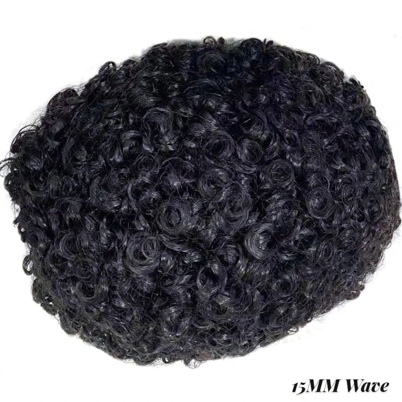 Мужской парик кудрявый 1B, 15mm wave, 8x10, 110%
