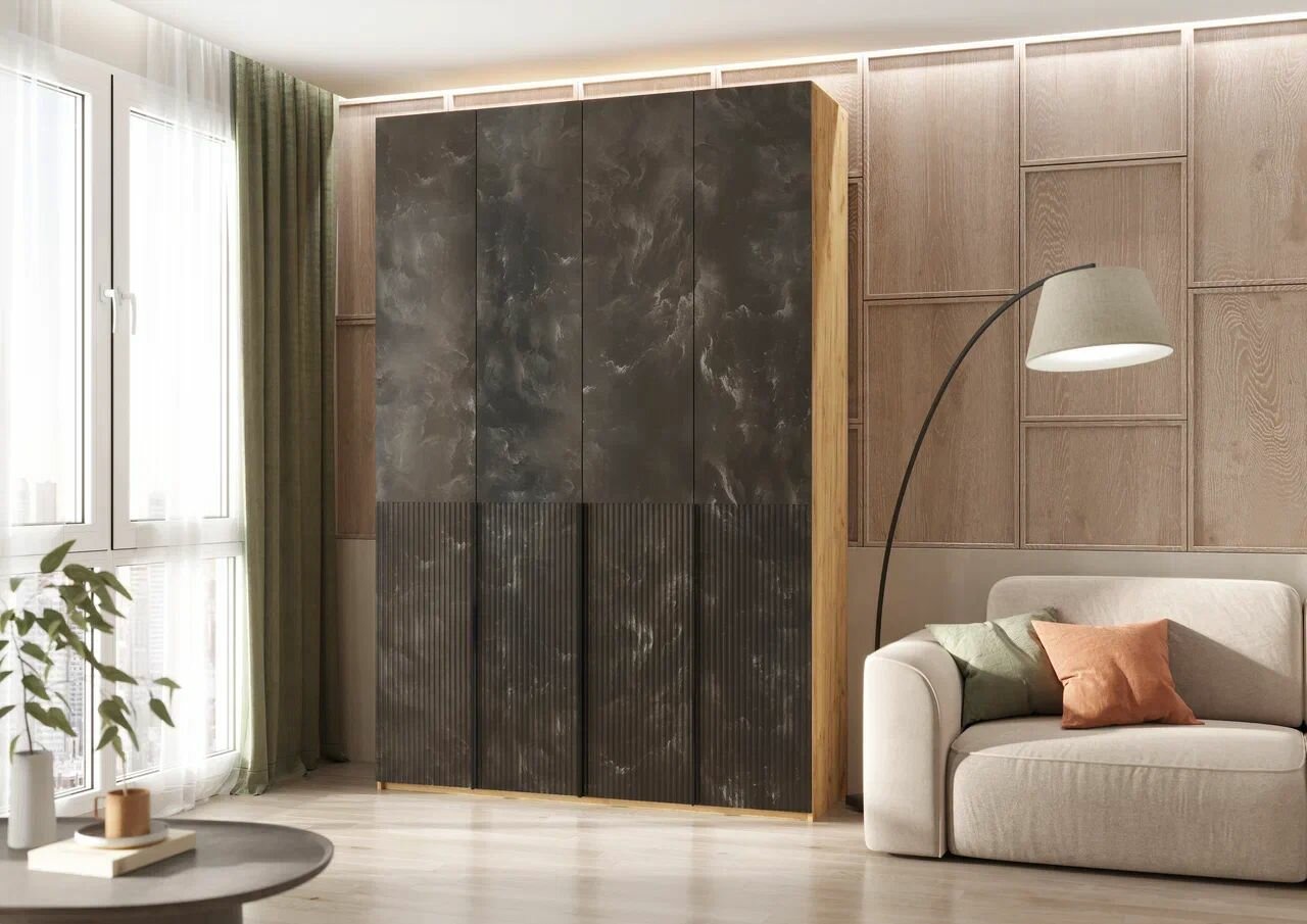 Марвэл Шкаф 4-х ств. 1600 мм с доп. ящиками Мальта грей, Дуб Крафт