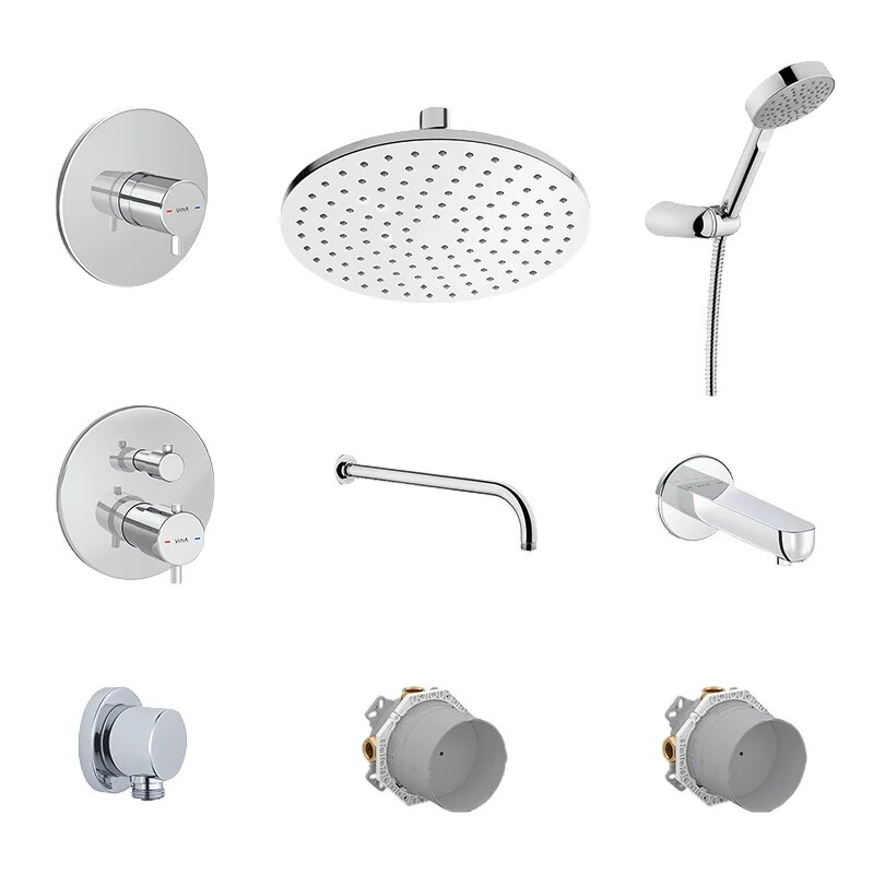 Душевой комплект VitrA A49307EXP 7 в 1, встраиваемый, с внутренней частью в комплекте, с термостатом, со смесителем, с изливом, с тропическим душем, латунный, хром, глянцевый, душевая система