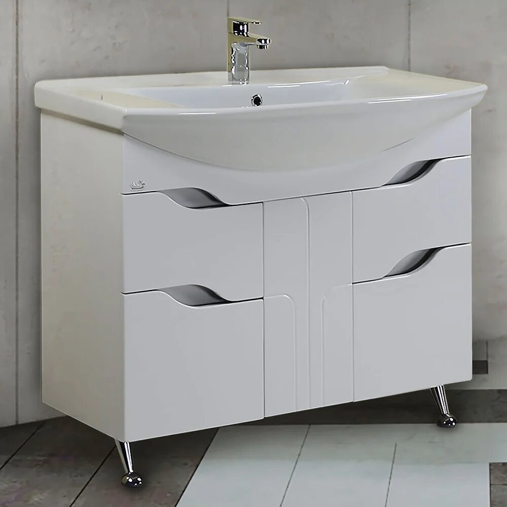 Тумба с раковиной Onika Веронэлла 105.16 напольная, 105, 5 см, белая, глянцевая, из МДФ, с ящиками, с дверками, раковина для ванной фаянсовая, полукруглая, встроенный слив-перелив