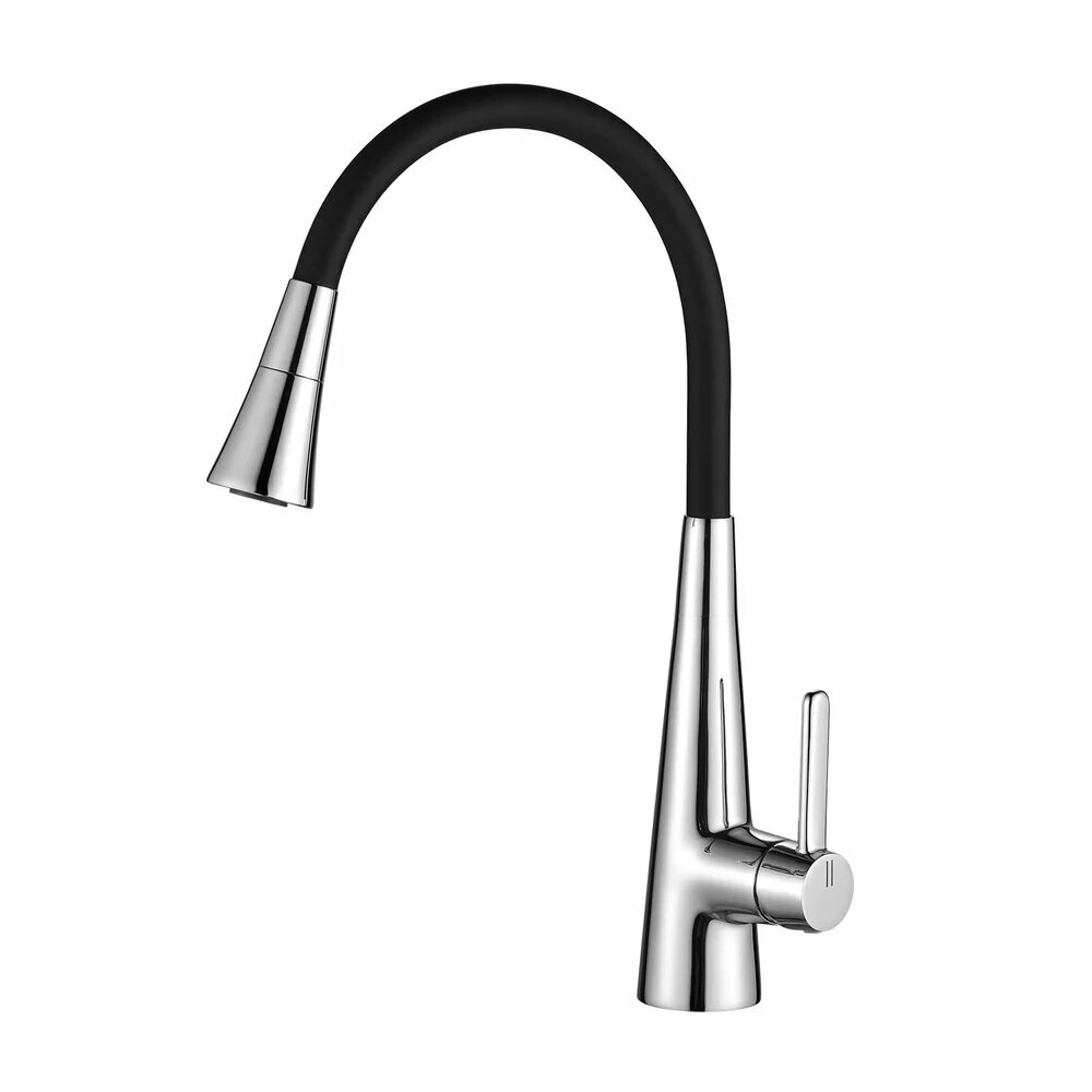 Смеситель для кухни Rose R213 с гибким изливом, с поворотным изливом, хром, черный, матовый, глянцевый, однорычажный, латунный, с керамическим картриджем