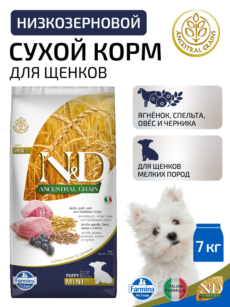 Сухой низкозерновой корм Farmina N&D Ancestral Grain Dog Puppy Mini для щенков малых пород, ягненок и черника, 7кг