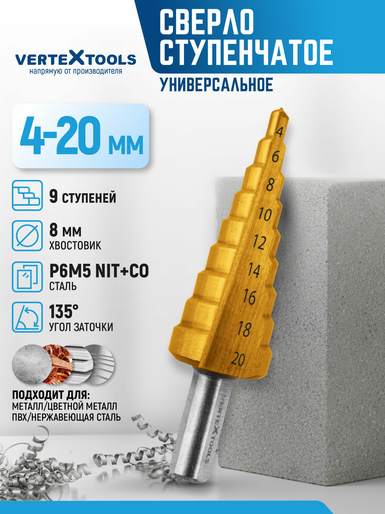 Сверло ступенчатое 4-20 мм; шаг 2 мм Vertextools из стали Р6М5