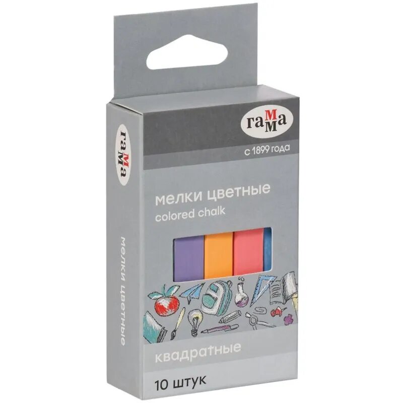 Мел школьный Гамма набор 10цв, мягкий, квадратная форма, 0909194