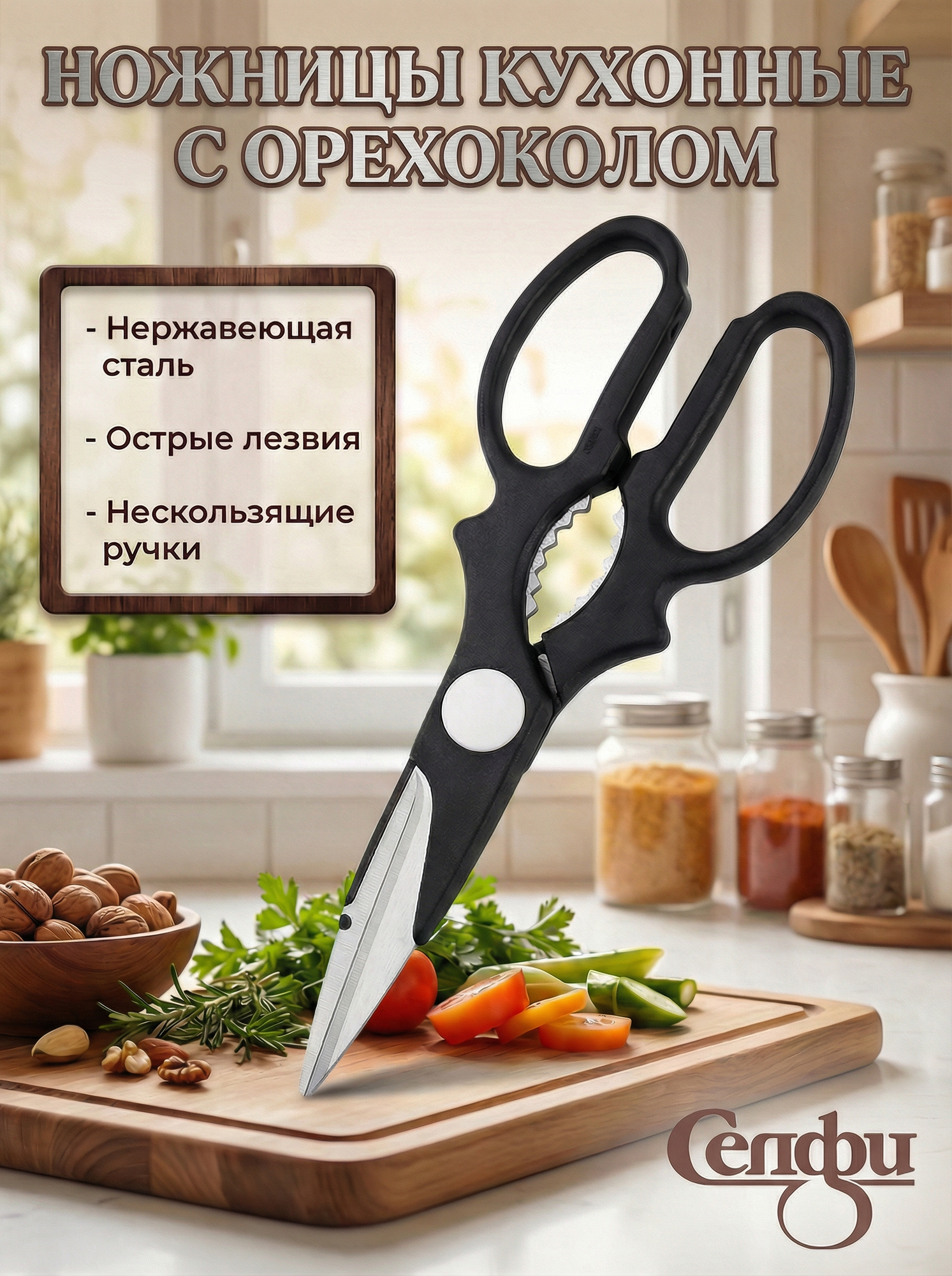 Кухонные ножницы 20см с орехоколом, черные, удобные, острые лезвия