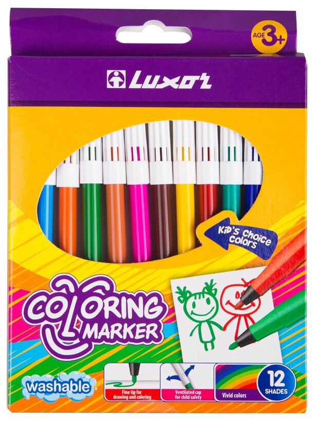Фломастеры Luxor "Coloring", 12цв, смываемые, картон, европодвес