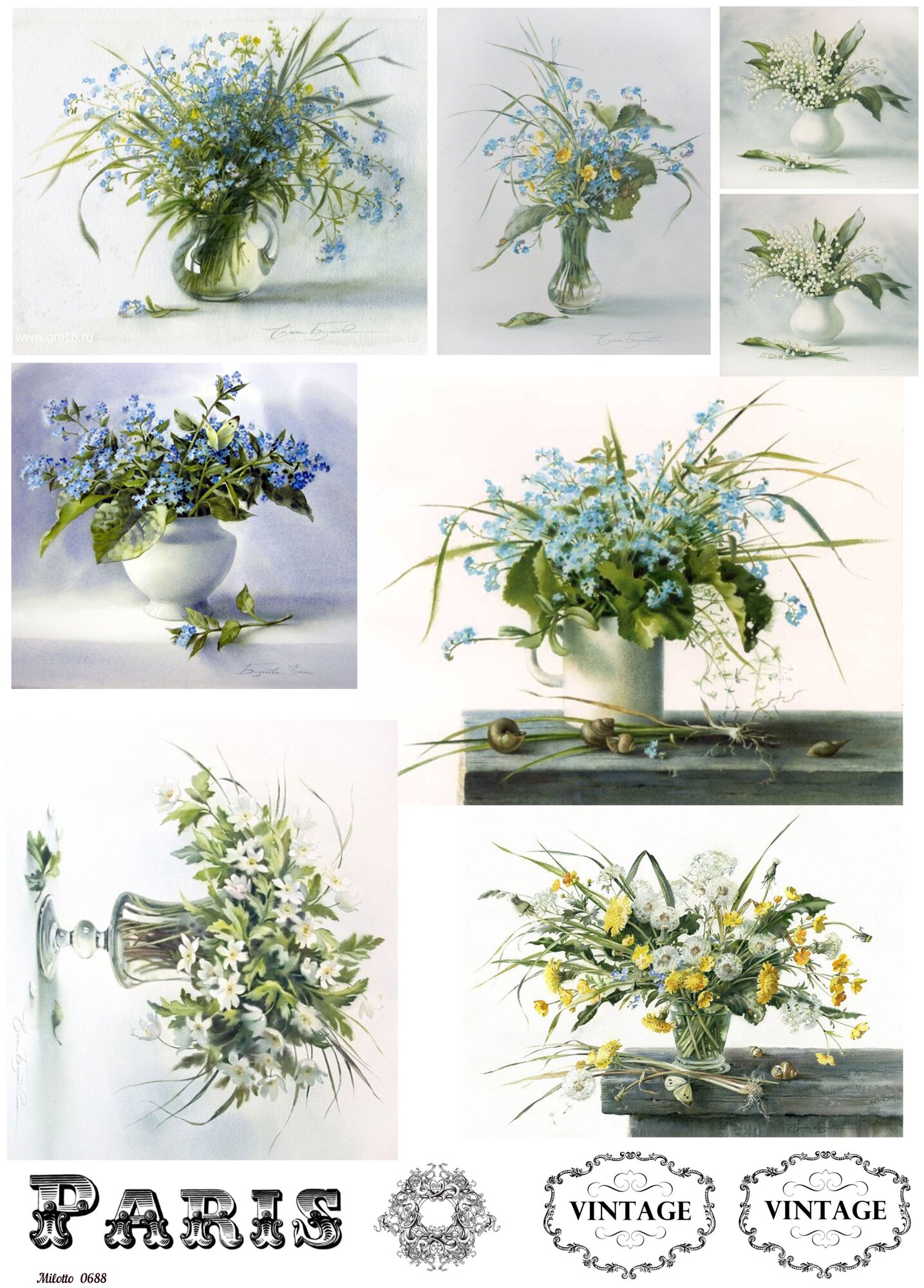 Рисовая бумага для декупажа А4 ультратонкая салфетка 0688 цветы винтаж крафт Milotto