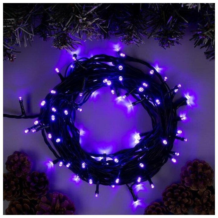 Гирлянда "Нить" 10 м , IP44, тёмная нить, 100 LED, свечение фиолетовое, 8 режимов, 220 В