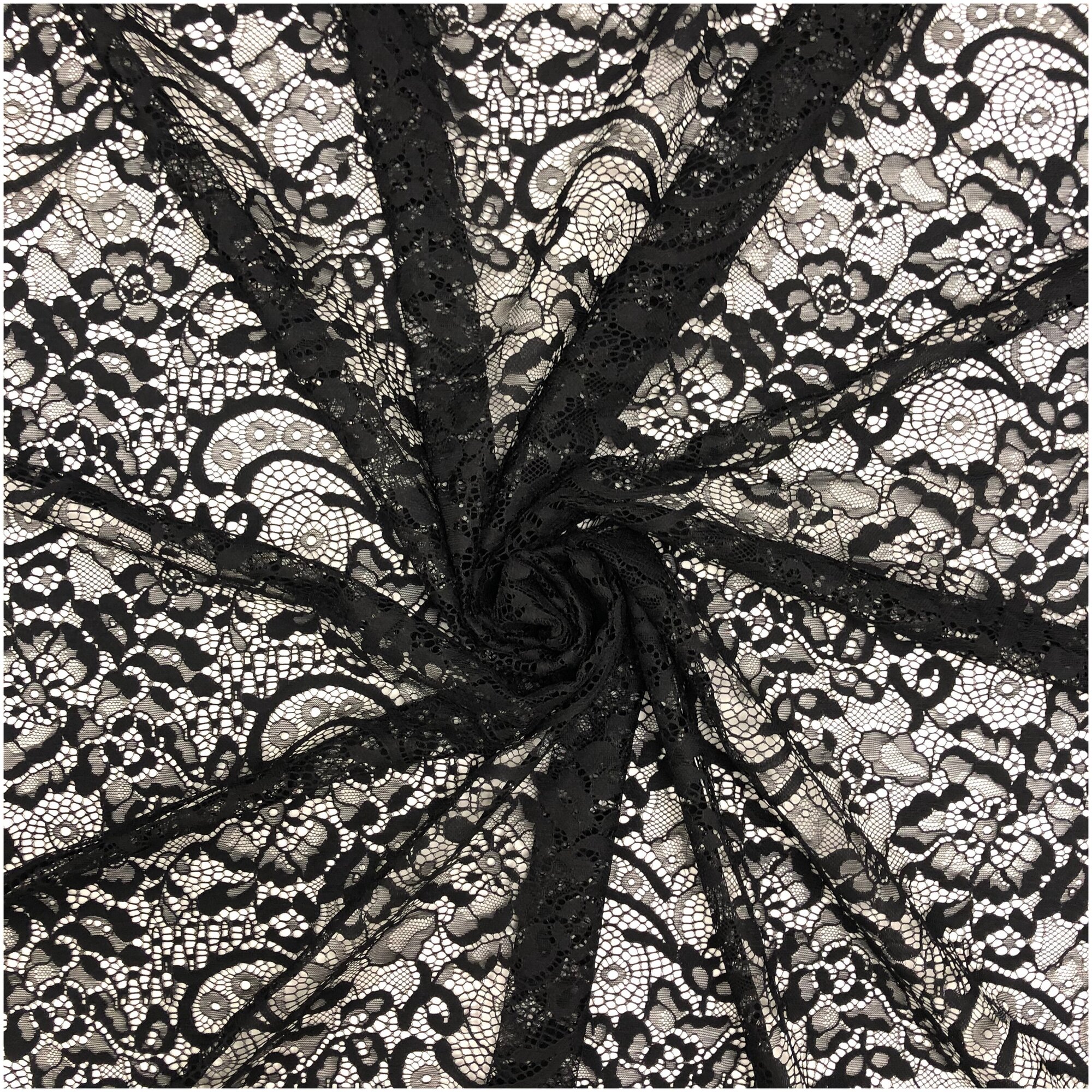Ткань кружевная, черный цвет, 50% нейлон 50% вискоза, Италия, любой метраж кратный 1м