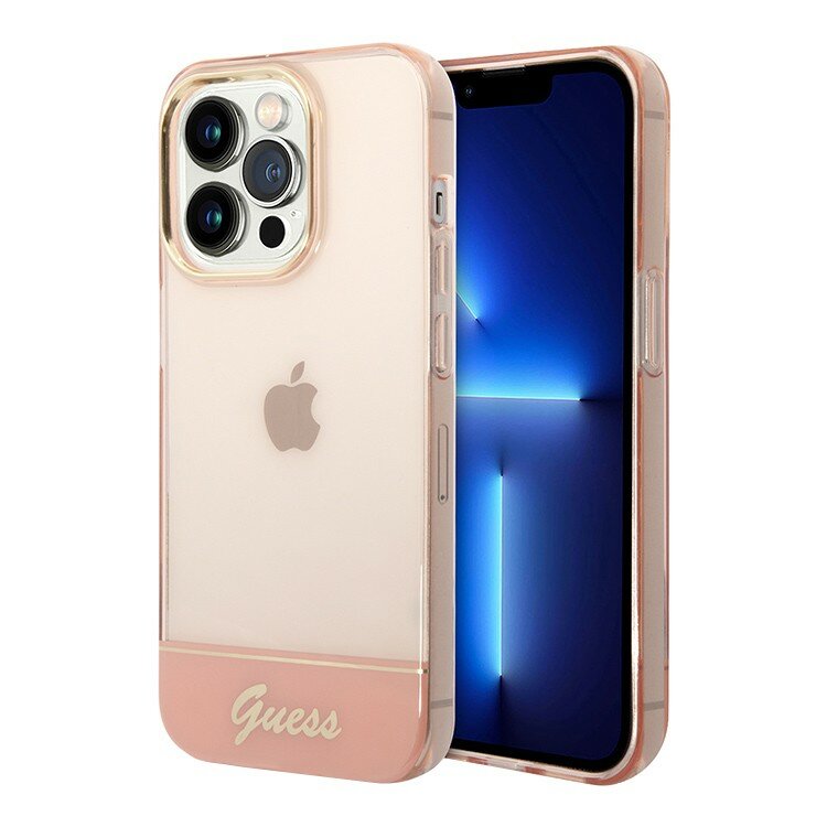 Guess чехол для iPhone 14 Pro, Translucent w Electroplated camera полупрозрачный розовый