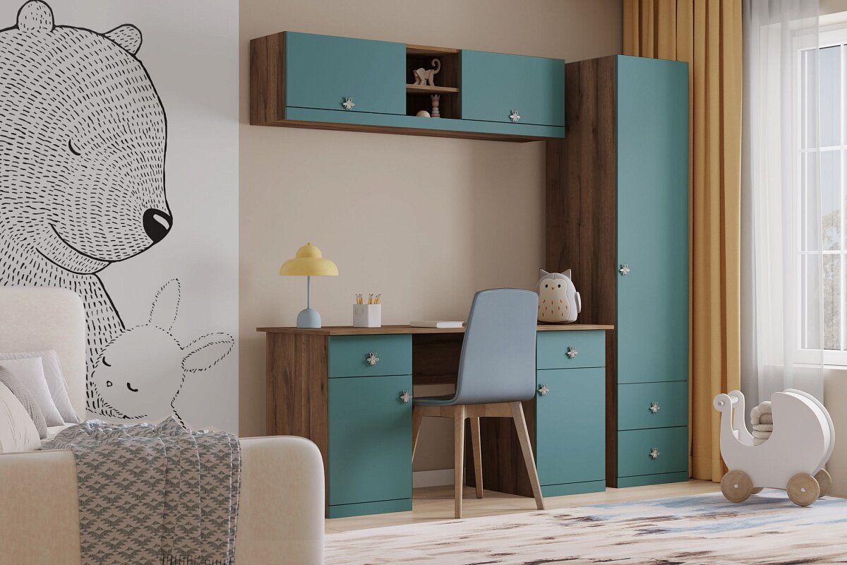 Детская стенка МебельЛэнд24 Скарабей - 10 МДФ Аквамарин 195x60x210 синий со шкафом со столом