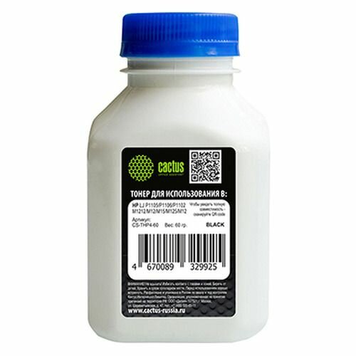 Тонер Cactus CS-THP4-60, для CB435A/CB436A/CE278A/CE285A/CF283A/CF244A/CF283X, принтеров HP LJ P1005/P1006/P1100/P1102/P1505/P1566/P1606/M1132/M1212/M1214/M1217/M1522/M1536, LJ Pro M15/M28/M125/M127/M201/M225, черный, 60грамм, ф