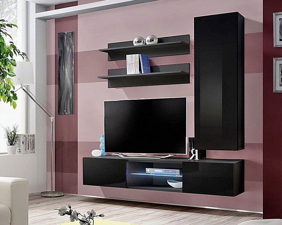 Модульная гостиная Лана 1.1 МДФ (черная) NEW 160x40x166 см, черный, черный мдф Фиеста