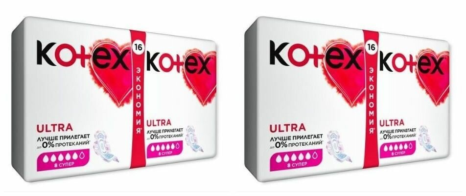 Kotex прокладки гигиенические, Ultra Супер Fast Absorb, 16 шт - 2 упаковки
