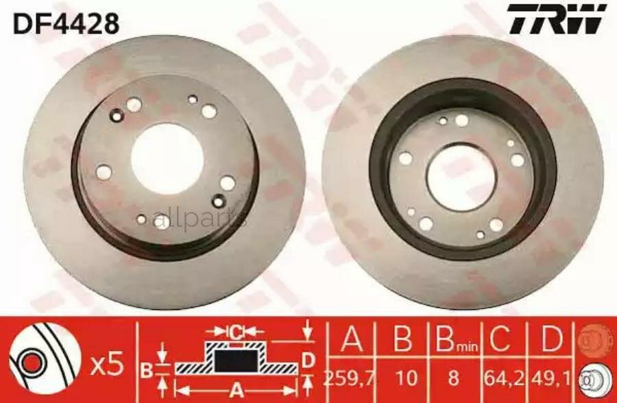 TRW DF4428 Диск тормозной задний HONDA ACCORD 2.0/2.4L 03-> TRW DF4428