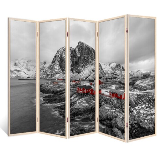 Ширма перегородка Декор Депо для комнаты деревянная "Рыбацкая деревня. Норвегия" двухсторонняя с картинкой (природа) 5 створок кремовый дуб 176х230 см 18 кг
