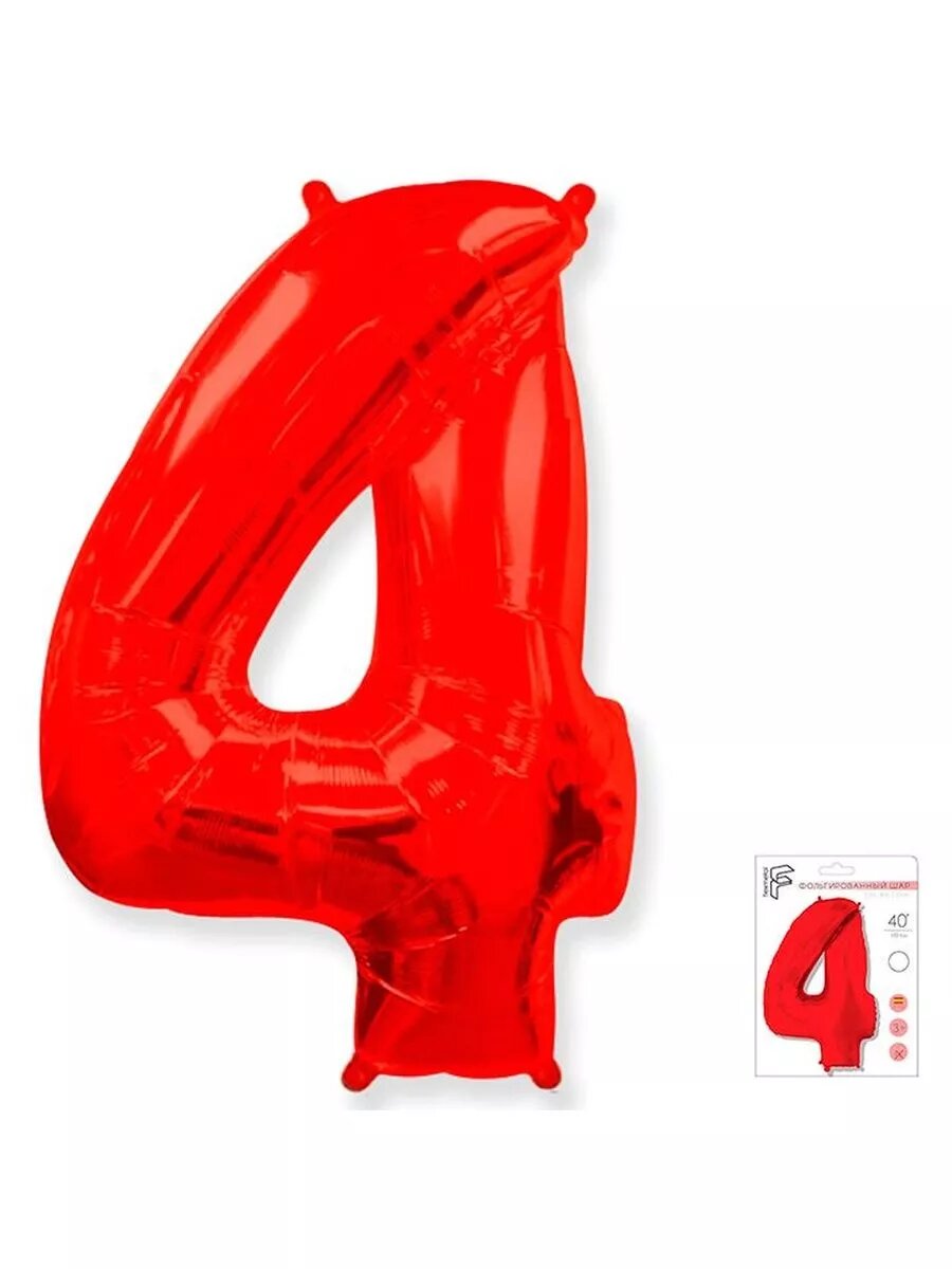 Шар фольгированный Цифры Красные "4" 102 см / 40"/102 см / 1 шт.