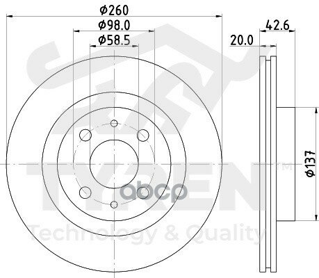 Диск тормозной, передний LADA KALINA 04, GRANTA 11, PRIORA 08 DATSUN ON-DO, MI-DO 14 TYREN арт. TYR1012091