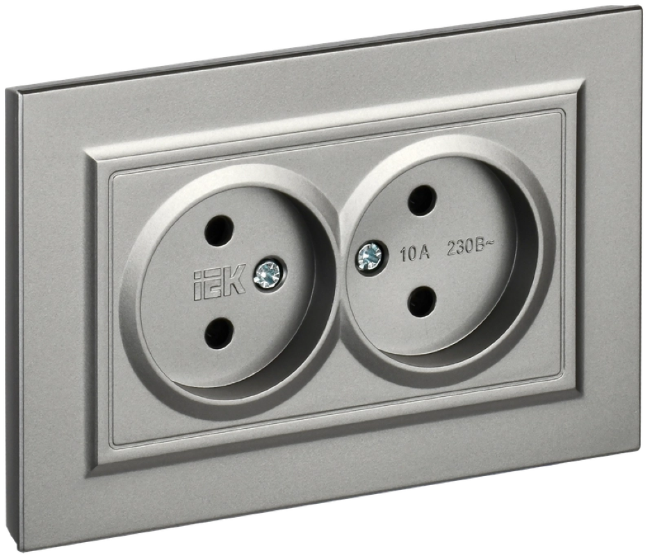 Розетка силовая штепсельная IEK / ИЭК Brite РС12-2-БрС в сборе, двухместная, 10А, нержавеющая сталь, без заземления и без защитных шторок, BR-R20-10-K46-F / электрооборудование