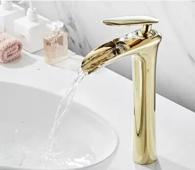 Раковина для раковины Золотой раковина для ванной Белая водопадная раковина Смесительный кран для ванны Черно-золотая раковина для умывальника Медный кран для раковины Серебристый-золотой Высокий
