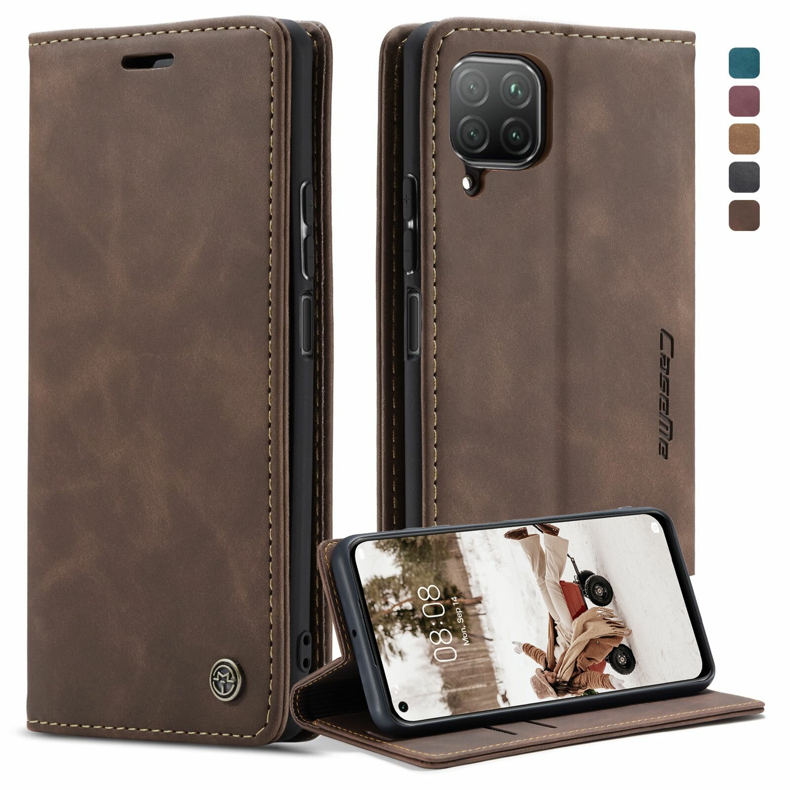 CaseMe Кожаный чехол для Huawei P40 Lite / Nova 6SE / Nove 7i с / Хуавей Р40 Лайт визитницей из экокожи