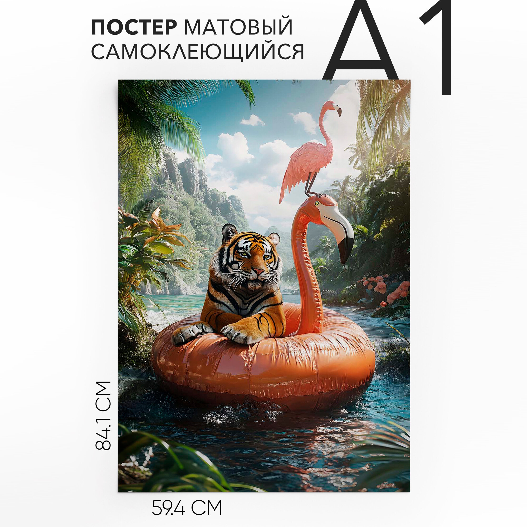 Постер на стену самоклеящийся, большой A1 Тигр и фламинго, влагостойкий, для декора