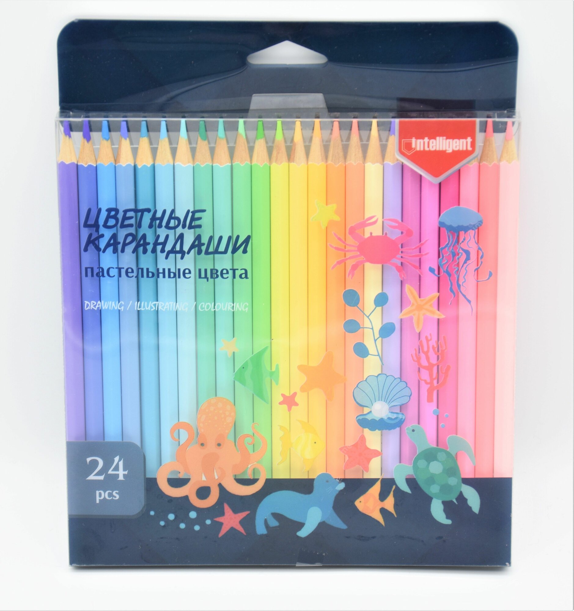 Карандаши цветные шестигранные 24 штуки, "Морские обитатели", пастельные цвета 2М-4М