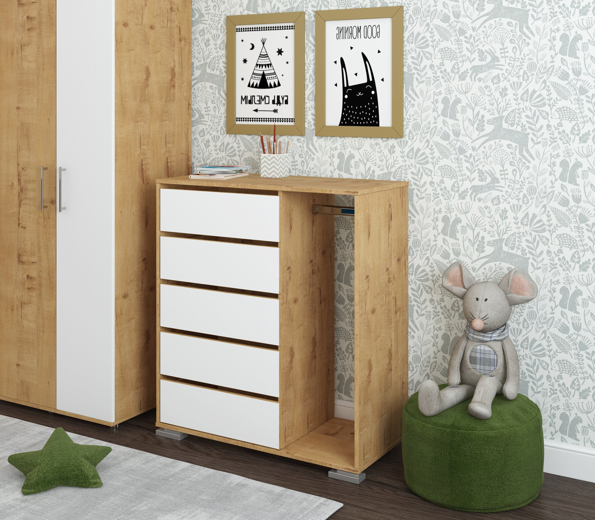 Шкаф, комод, шкаф-комод с ящиками, со штангой Есэндвич Лаворо, 90x43х102 см, левый (Дуб бунратти/Белый)