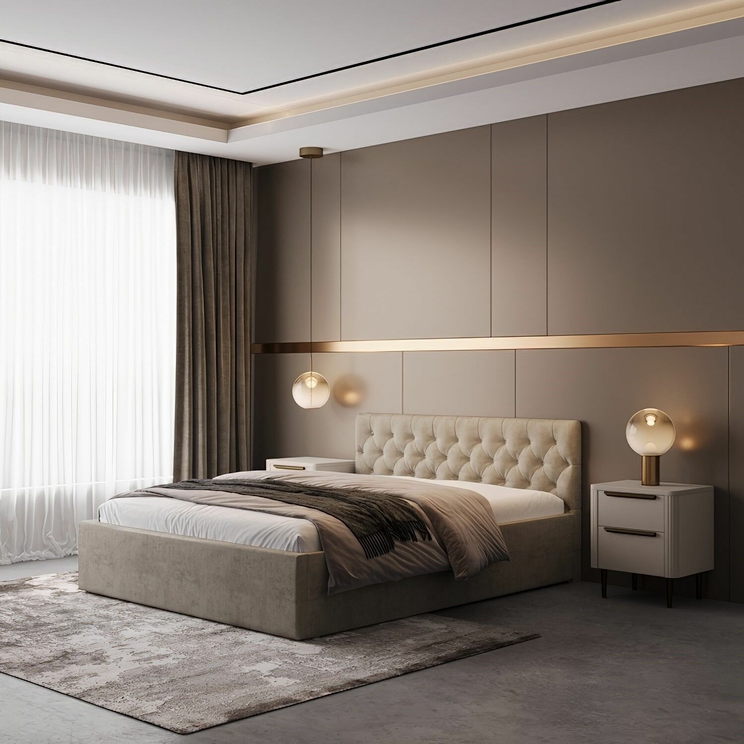 Кровать 140х200 двуспальная с подъемным механизмом, с ящиком для белья, бежевая