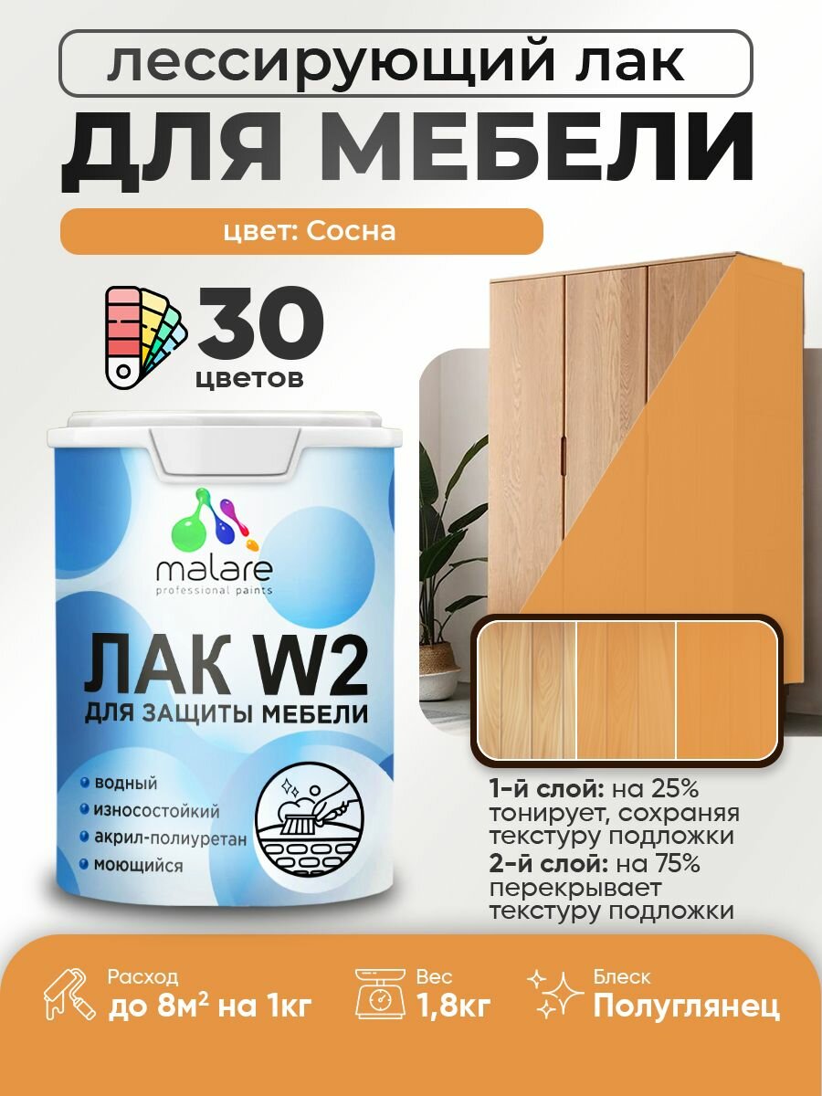 Лак колерованный тонирующий лак для мебели Malare W2 для кухонных фасадов, для дерева и минеральных поверхностей, акриловый быстросохнущий без запаха, полуглянцевый, сосна, 1.8 кг.