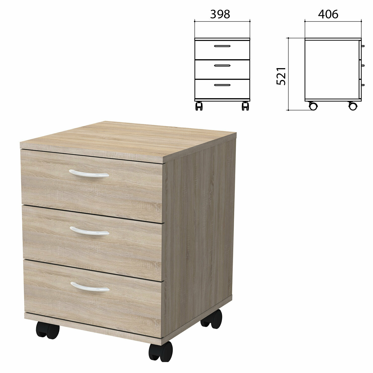 Тумба подкатная бюджет бюджет, 398х406х521 мм, 3 ящика, дуб сонома (402952-091)