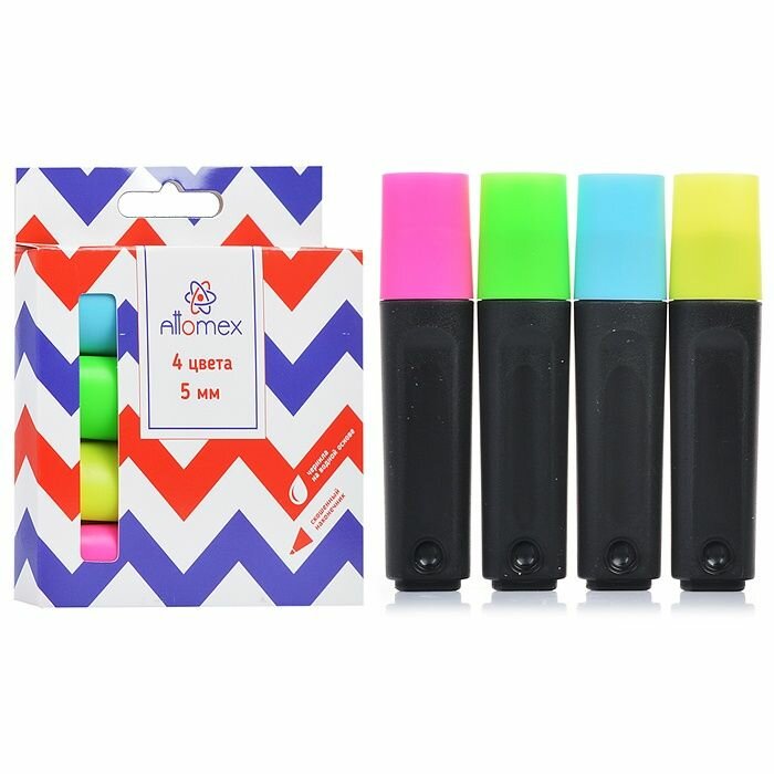 Маркеры-выделители deVENTE "Attomex", 4 цвета, желтый, зеленый, голубой, розовый, плоский корпус, скошенный наконечник