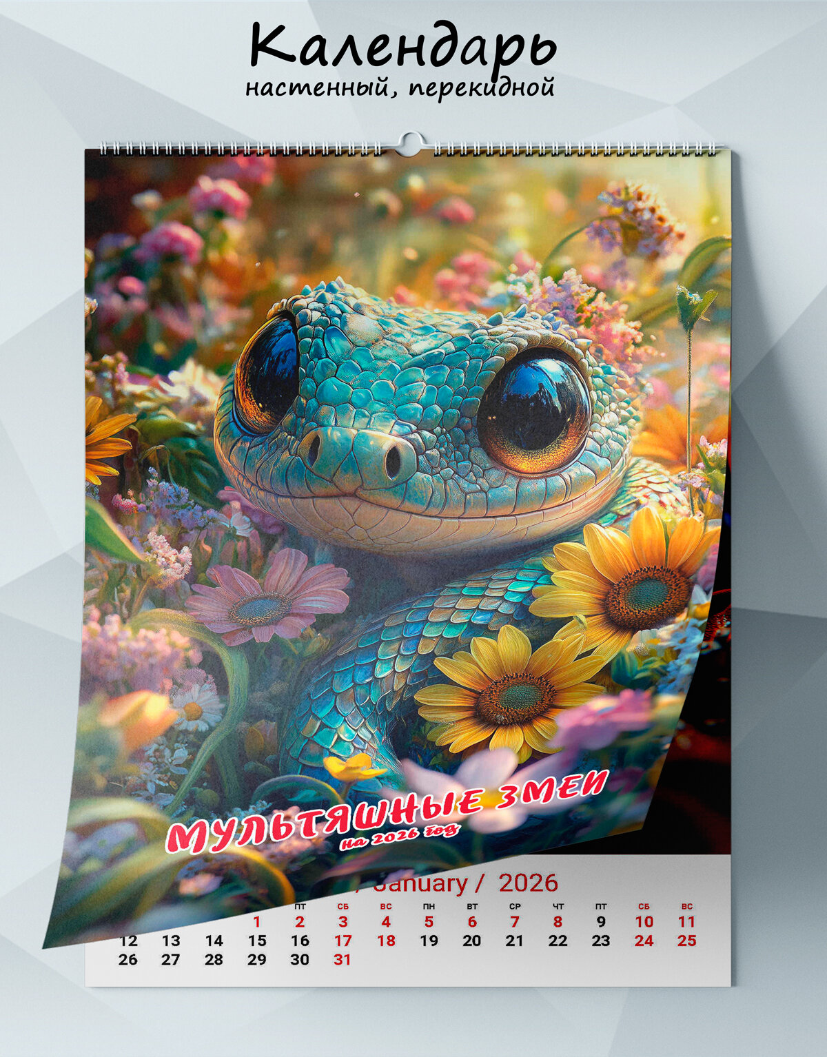 Календарь настенный, перекидной Мультяшные змеи на 2026 год