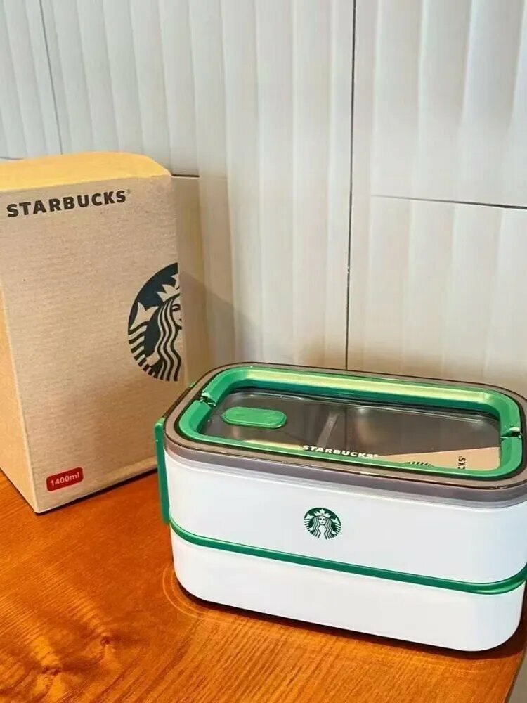 Ланч-Бокс Starbucks, с отделениями и столовыми приборами, металл, пластик, белый, зеленый, 1 л