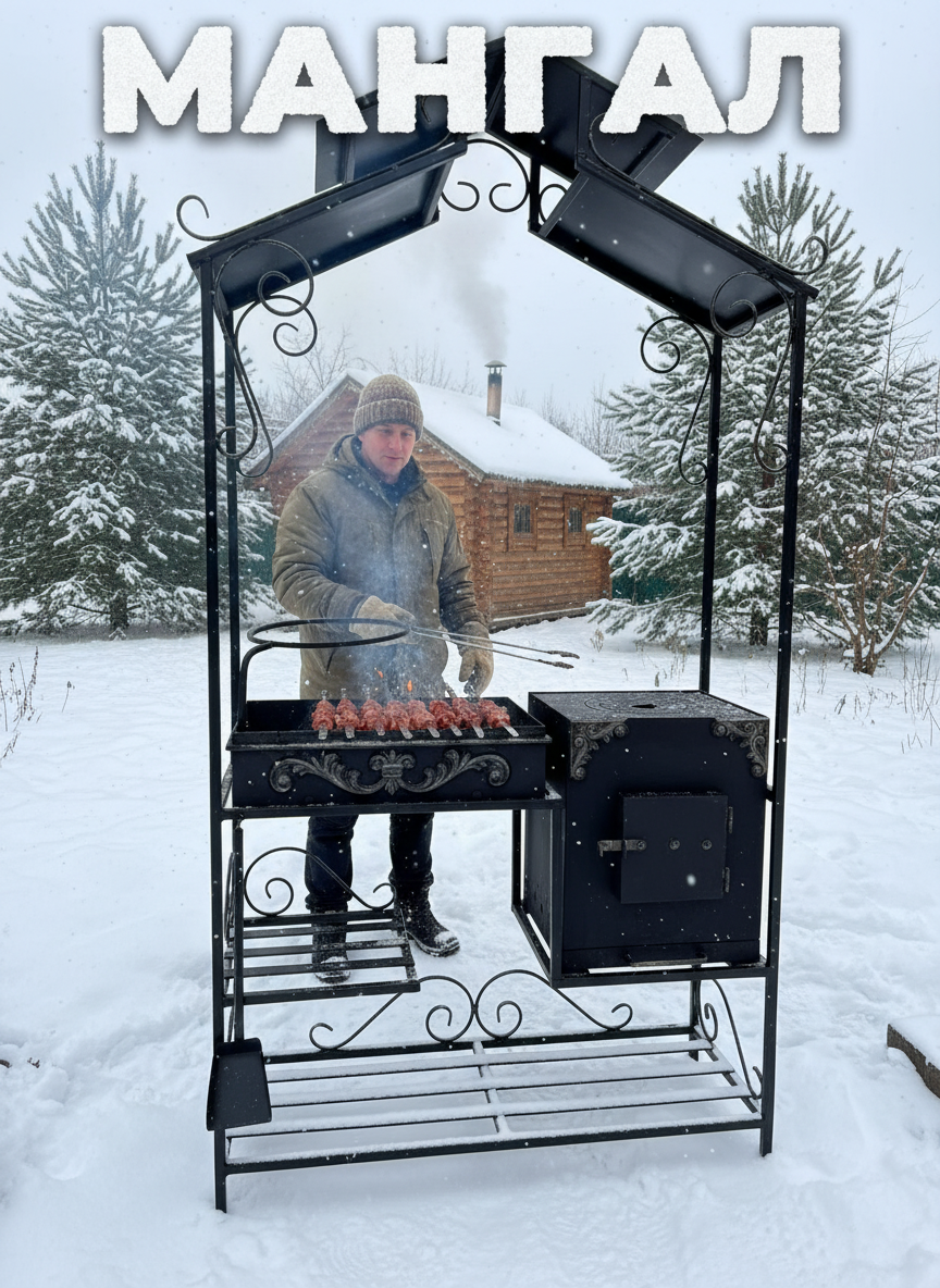 Мангал с крышей и печкой под казан металлический компактный для дачи и сада с печью, с зольником и дымоходом 3 мм