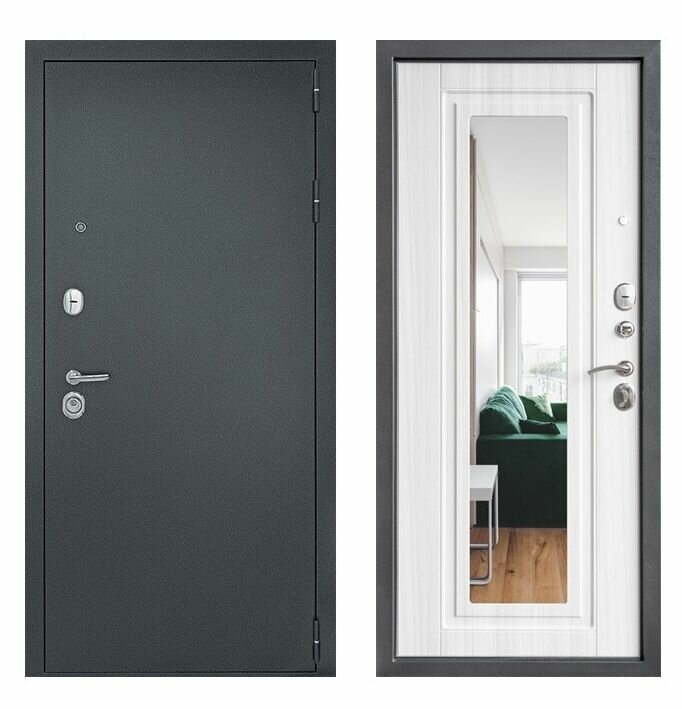 Входная дверь Рубиус Зеркало сандал белый 960х2050 левая наружу