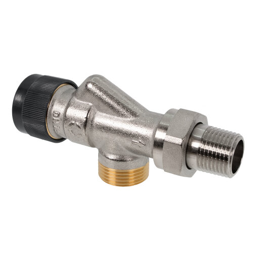 Вентиль Oventrop AR, термостатический, без преднастройки, осевой, DN-15, 3/4", 1/2", Н ЕК-Н, латунь никелированная, НГ со штуцером, черный колпачок