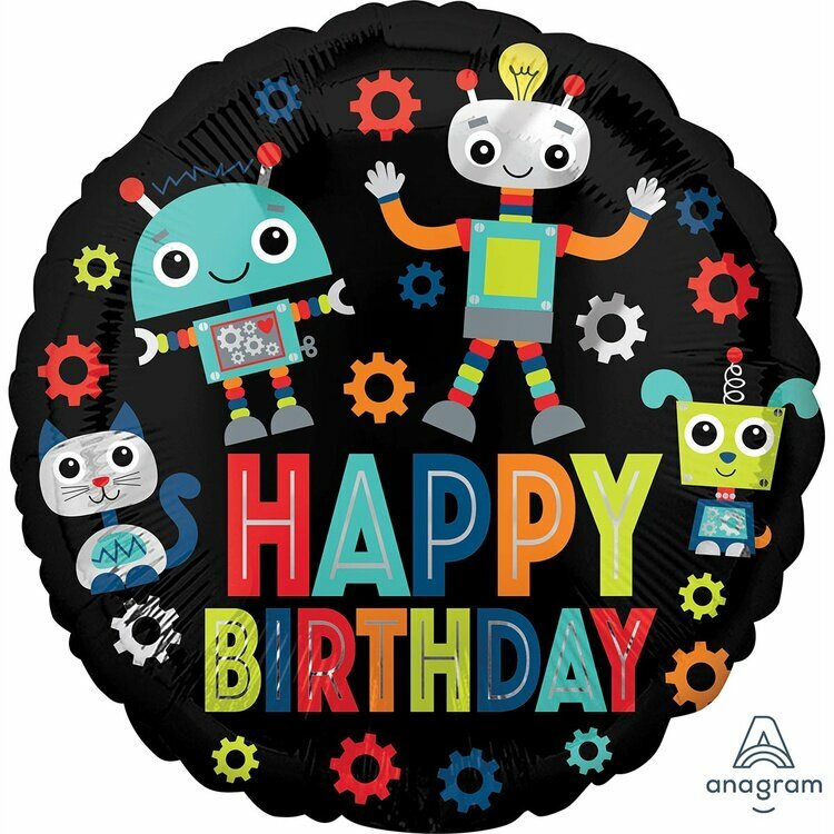 Воздушный шарик Anagram 18", Happy Birthday, роботы, фольгированный