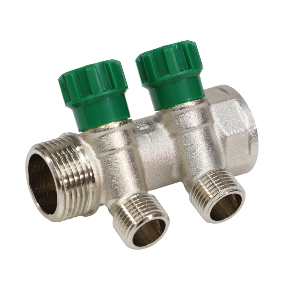 Коллектор латунь 1" ВР/НР на 2 вых 1/2" НР м/о 36мм под плоское уплотнение с регулирующими клапанами SantechSystems