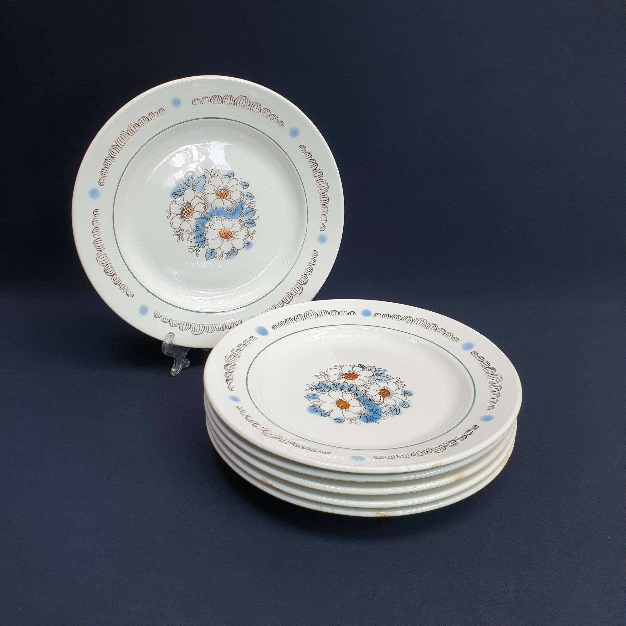 Набор из 6 столовых тарелок Конаково, фаянс деколь 22 см, винтаж СССР