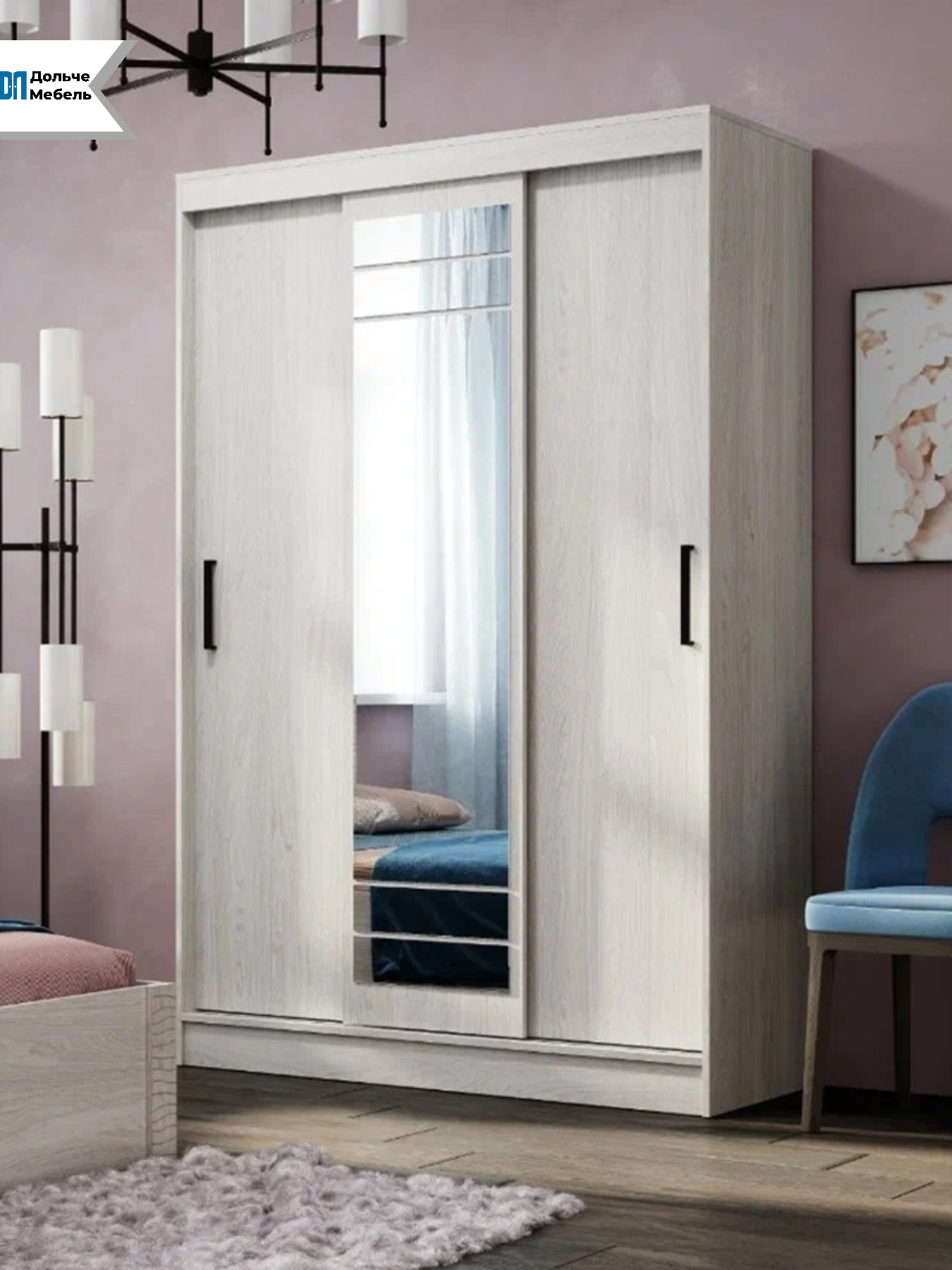 Шкаф-купе для одежды с зеркалом в спальню Тео ШКК-02 131 см, цвет ясень белый