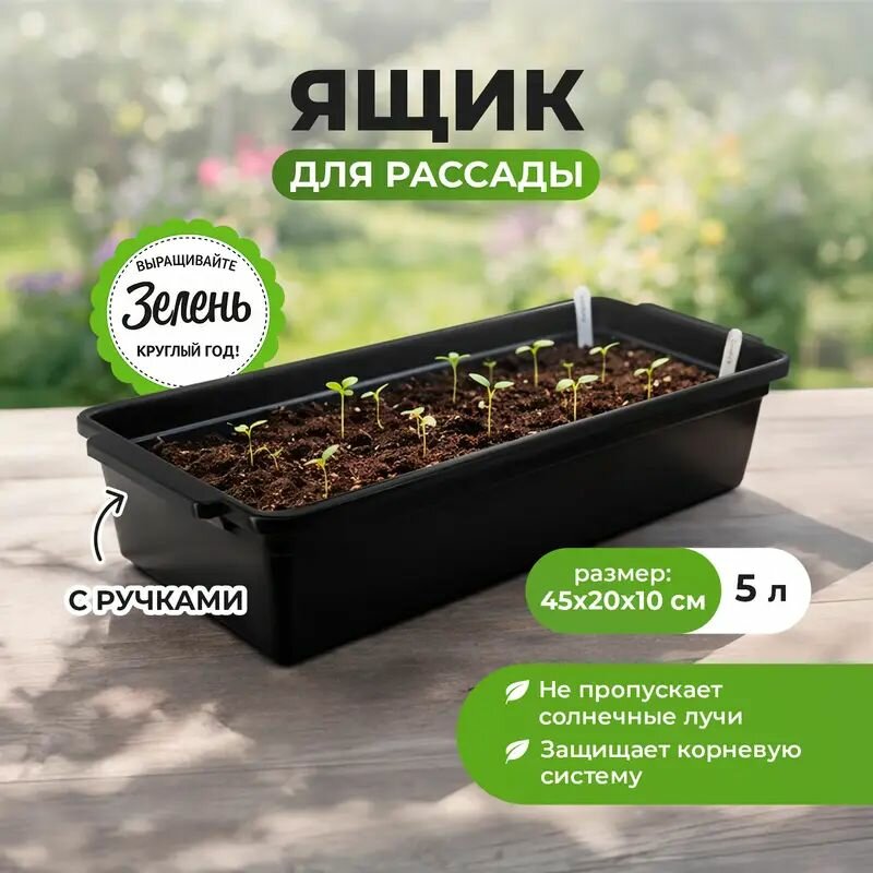 Ящик для рассады с ручками, 45 х 20 х 10 см, 5 л, полипропилен, для выращивания зелени и цветов на подоконнике, оснащён 2 ручками для удобной переноски.