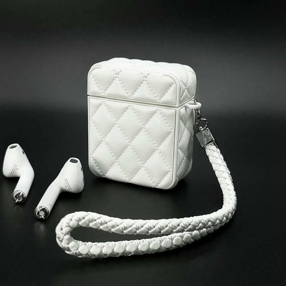 Чехол для наушников Airpods 2 / 1 ( на Аирподс 2 / 1 ) эко кожа с ремешком, белый
