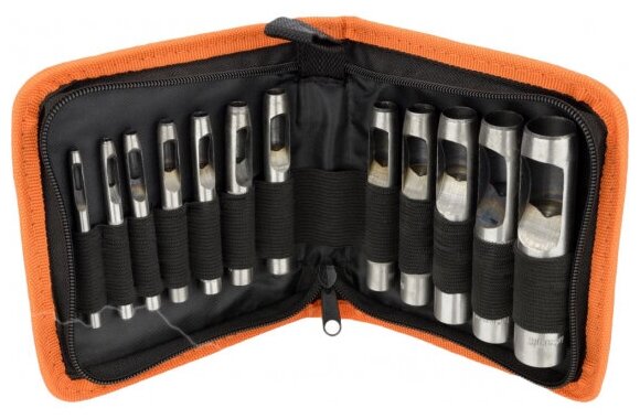 Набор просечек 3-19 мм, просечки пробойники для кожи, дерева 12 шт в сумке Автодело 40412