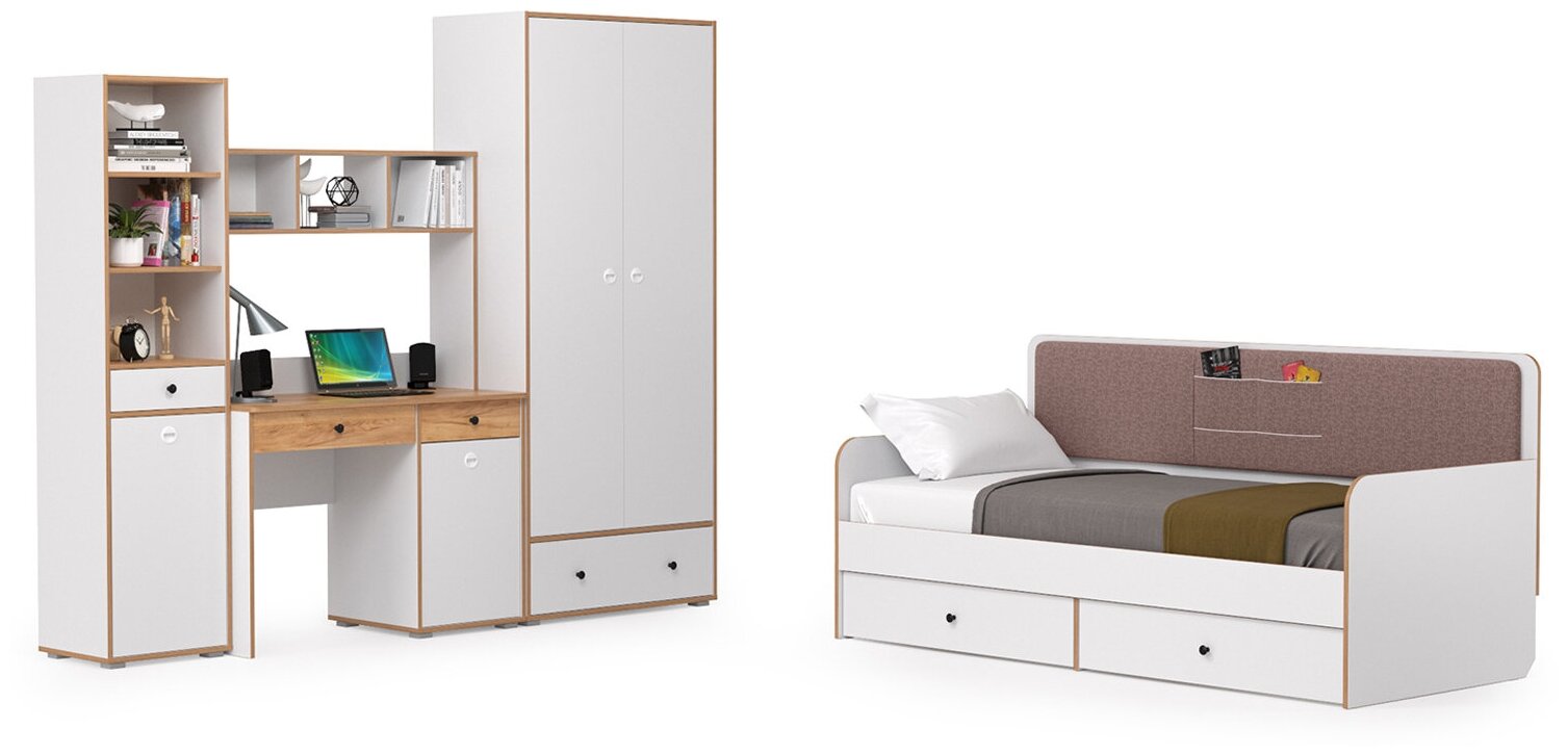Детская кровать с ящиками и уголок школьника Вуди 6, белый премиум/дуб крафт золотой/саванна латте, см 1900х2000 мм.