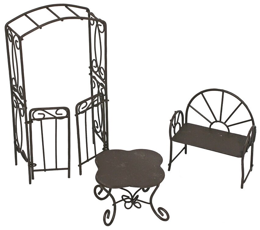 Набор металлической мебели для куколок или садовой миниатюры Калитка, стол и скамейка