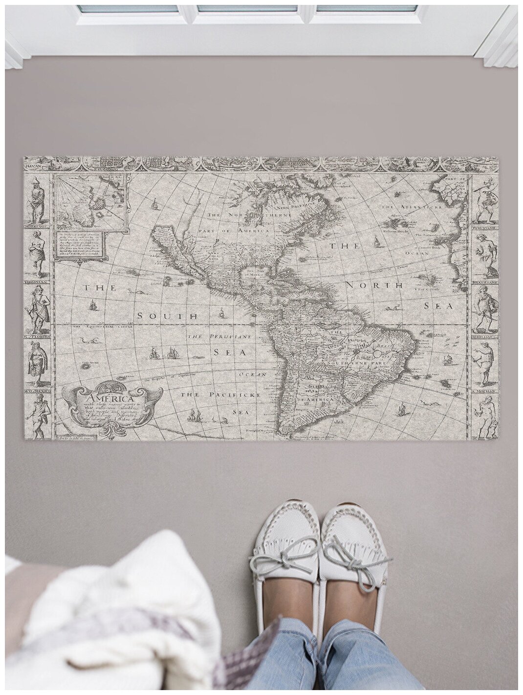 Коврик придверный в прихожую с принтом "Древняя карта Америки" 45 на 75 см , JoyArty