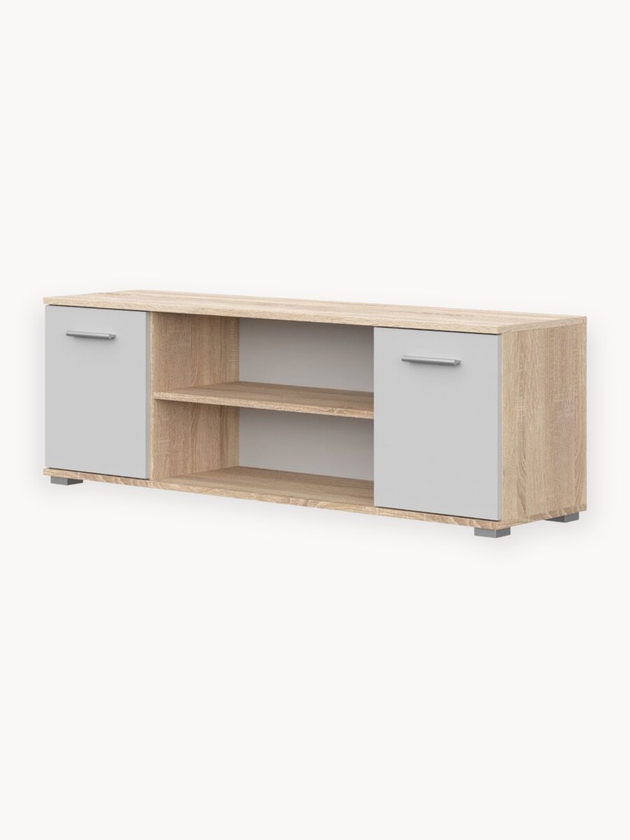 FUN (ФАН) тумба ТВ-130 ЛДСП, 130,1 х 44 х 34 см, 2 двери, 6 секций, Дуб Сонома/Белый